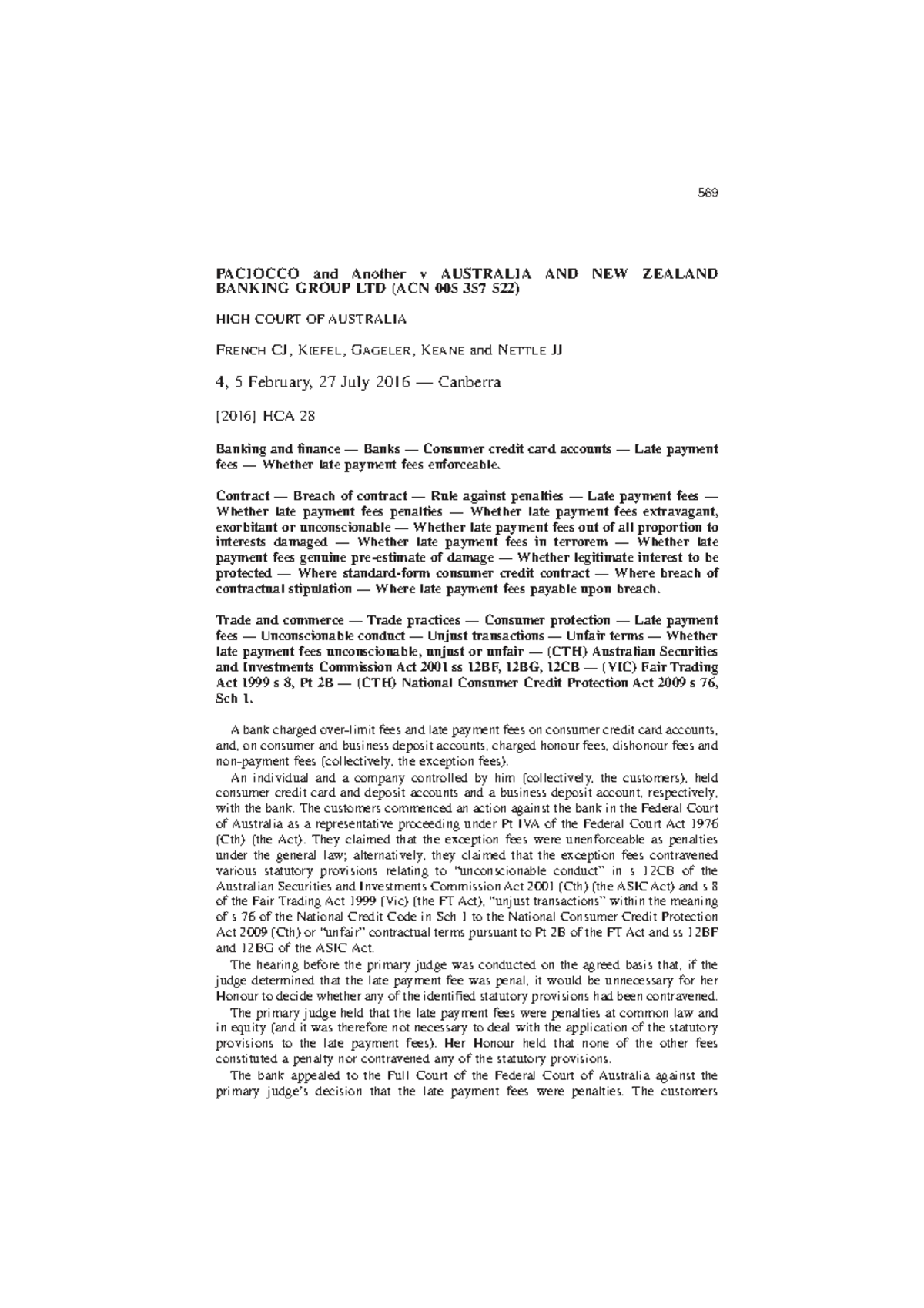 Paciocco v ANZ: High Court Ruling on Late Payment Fees (HCA 28) - Studocu