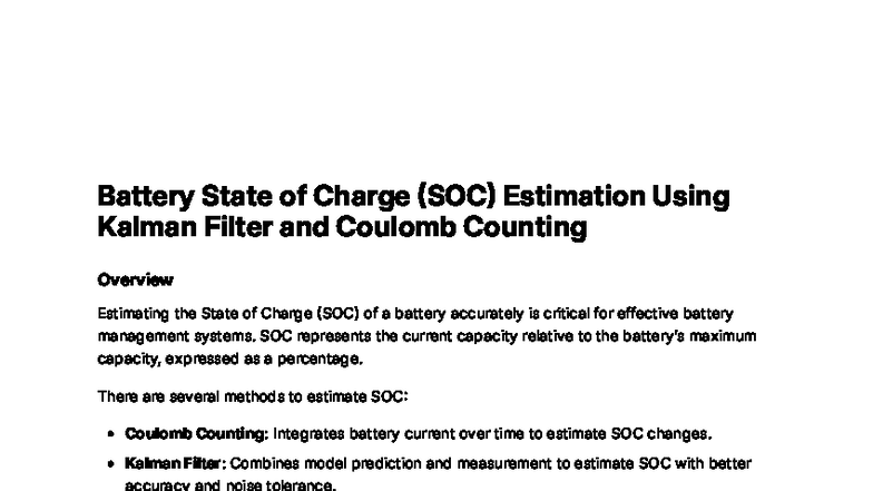 SOC Estimation Using Kalman Filter & Coulomb Counting Overview - Studocu