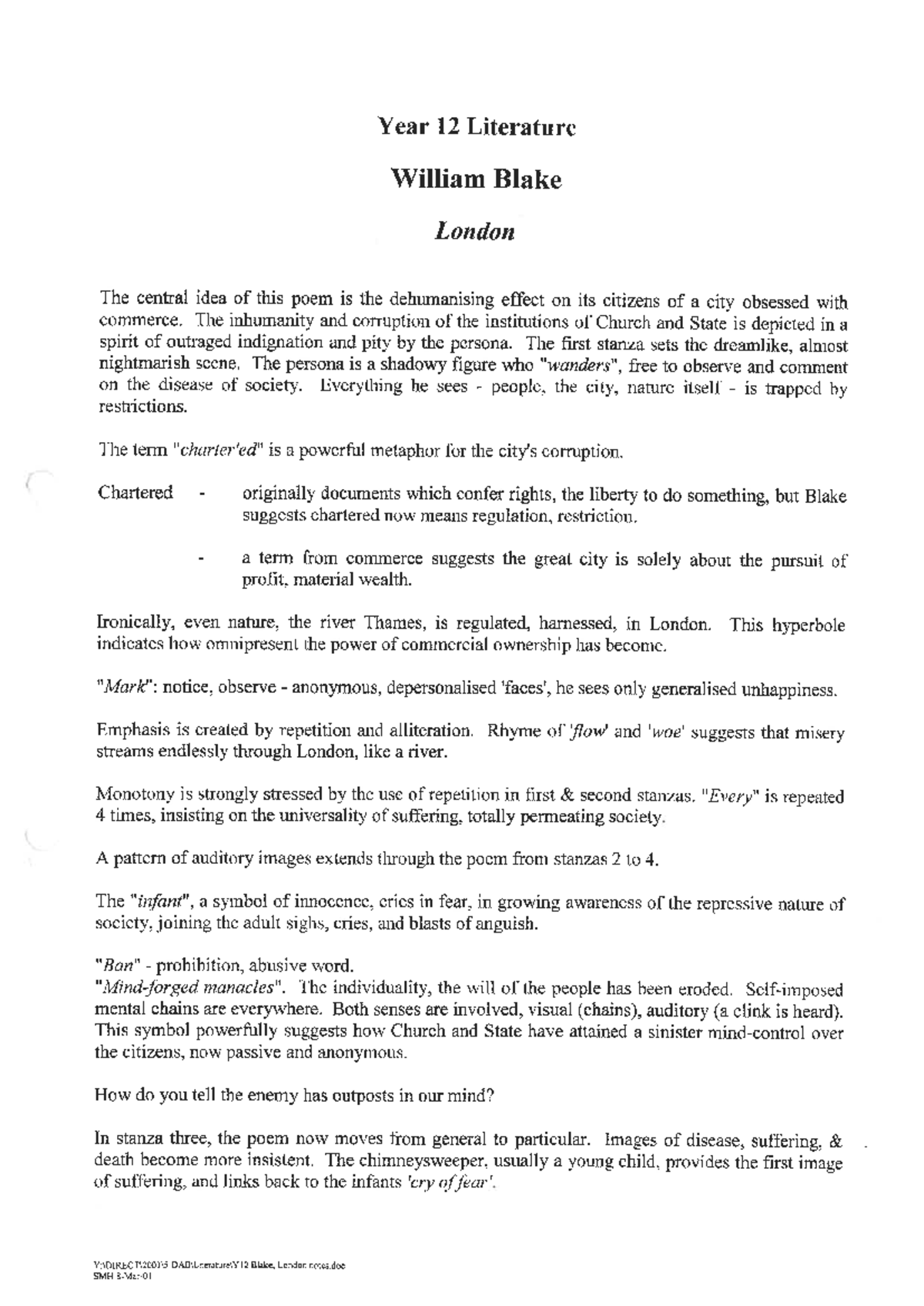 Year 12 Literature: Notes on William Blake's Poem "London" - Studocu
