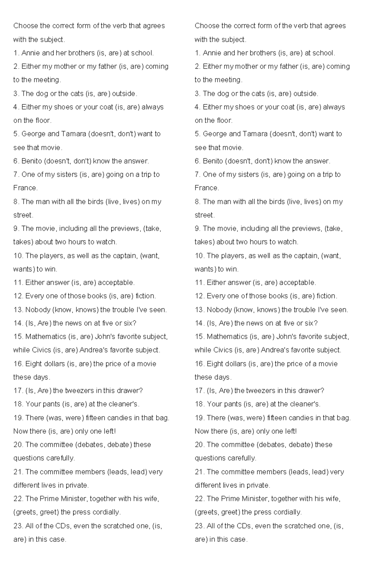 Pre-Test: Subject-Verb Agreement Exercises and Solutions - Studocu