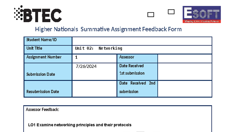 Unit-02 Networking Assignment 2024 - Higher Nationals Summative Assignment Feedback Form Student ...