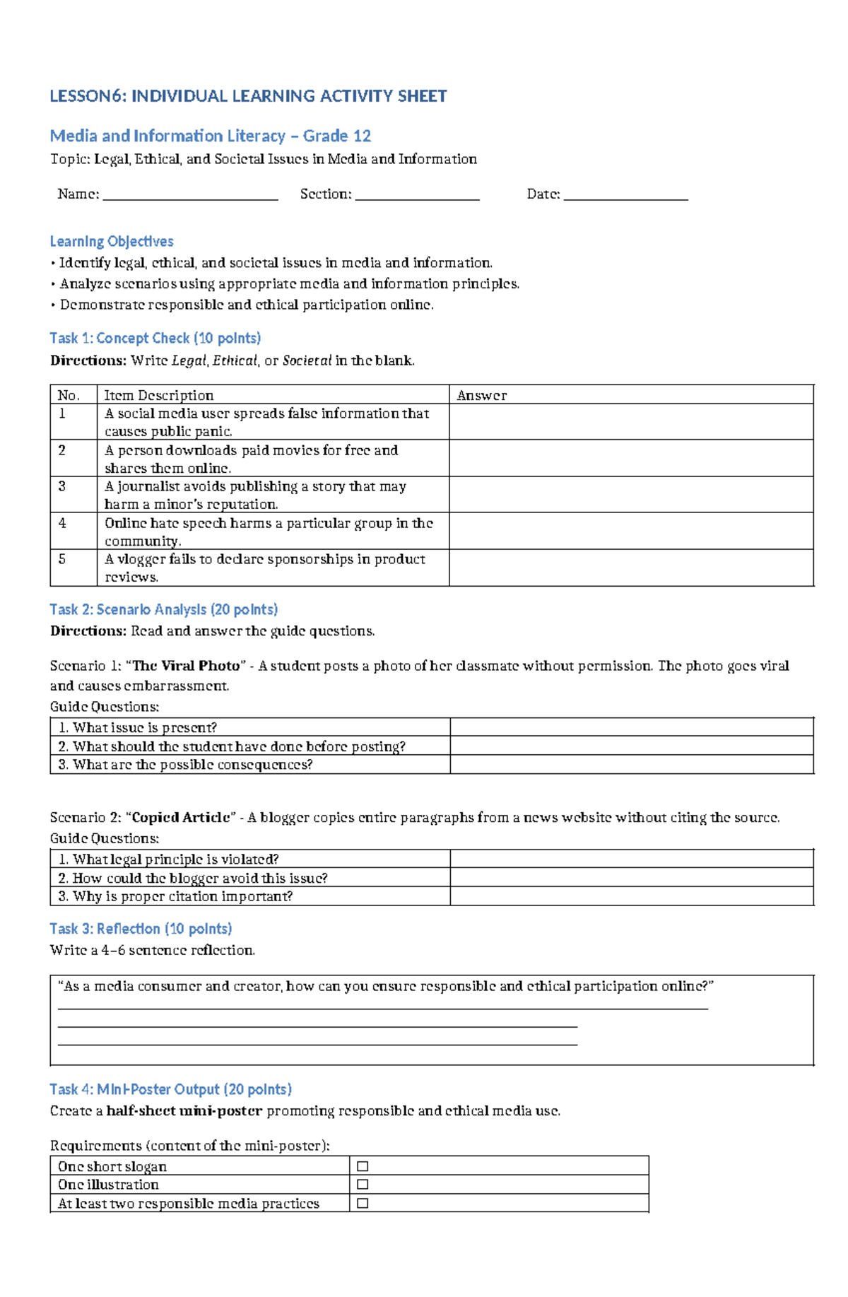 Grade 12 MIL Lesson 6: Ethical & Societal Issues in Media - Studocu