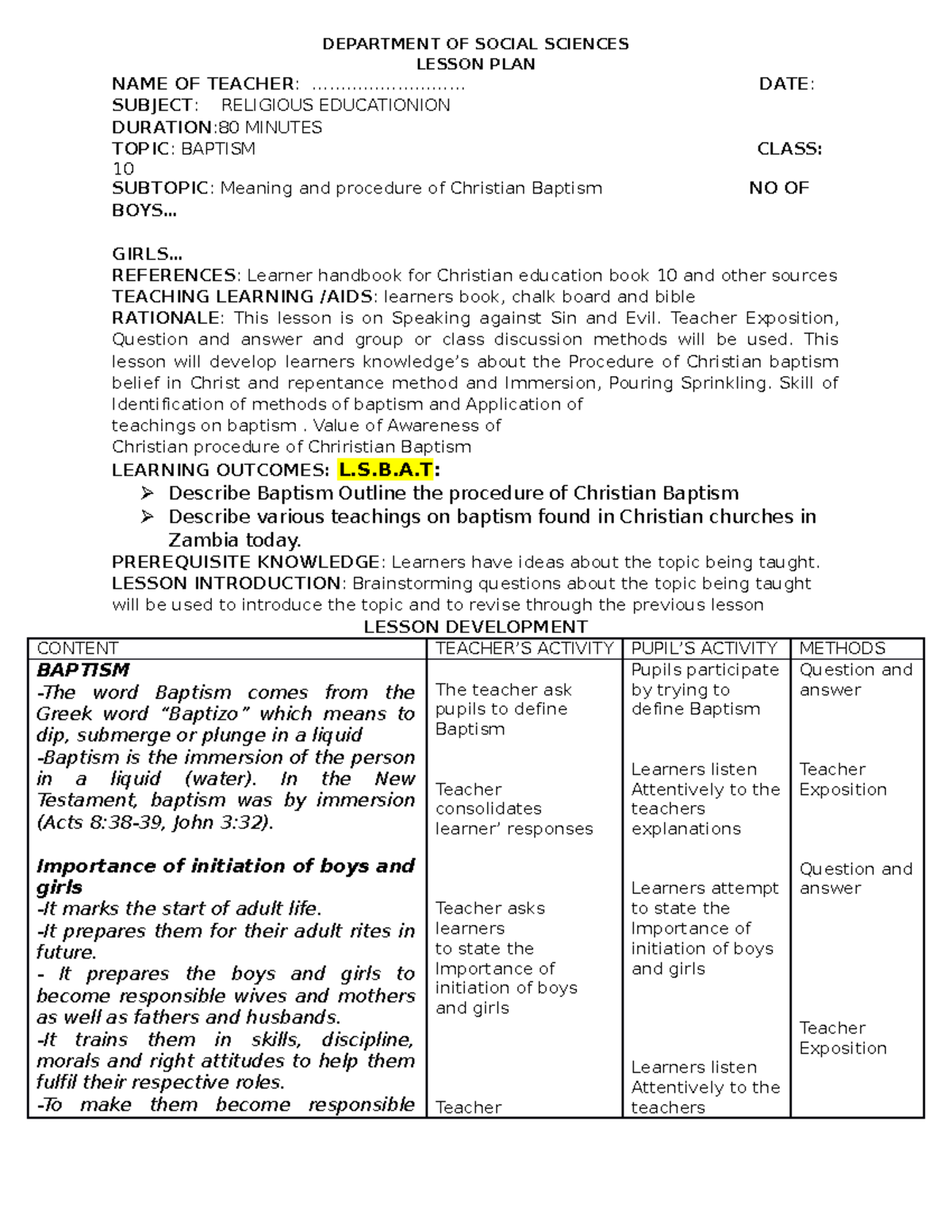 LESSON PLAN: Christian Baptism in Religious Education (Class 10) - Studocu