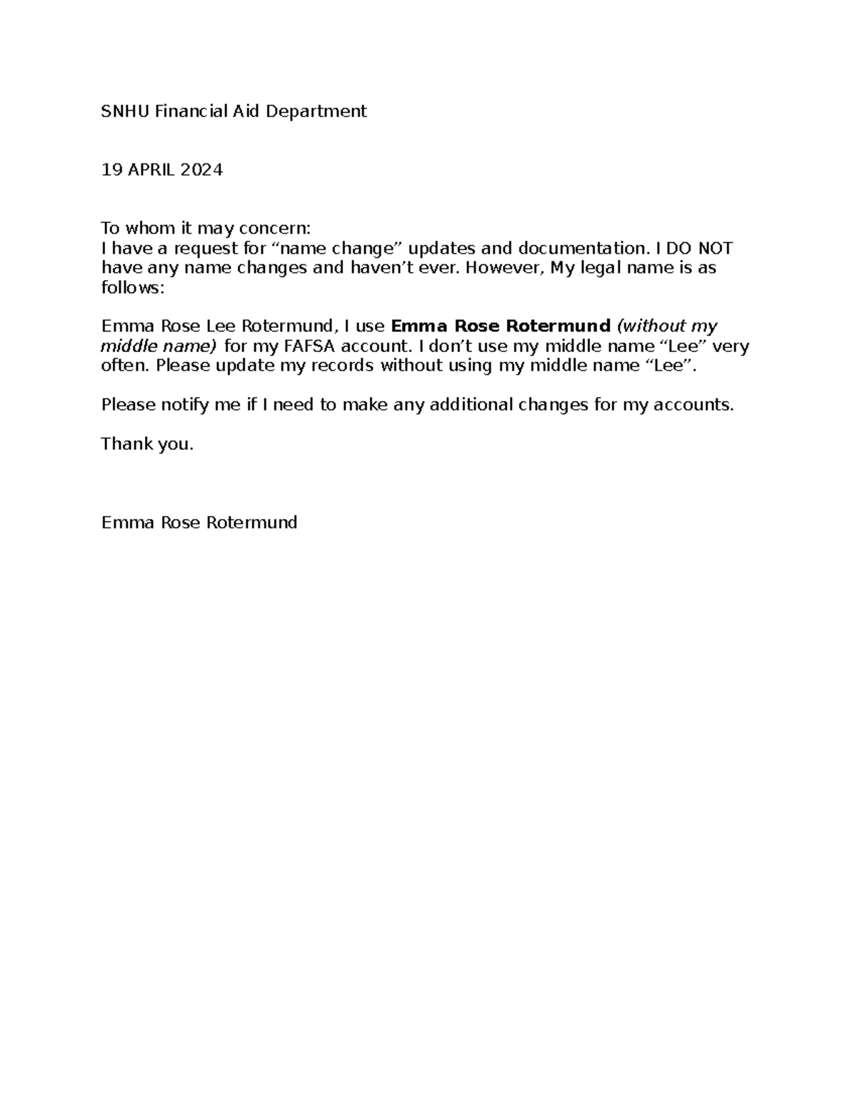 SNHU Financial Aid Department - I DO NOT have any name changes and ...