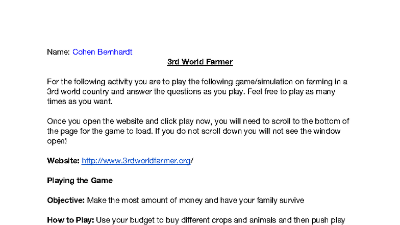 3rd World Farmer Game Analysis and Strategies - Studocu
