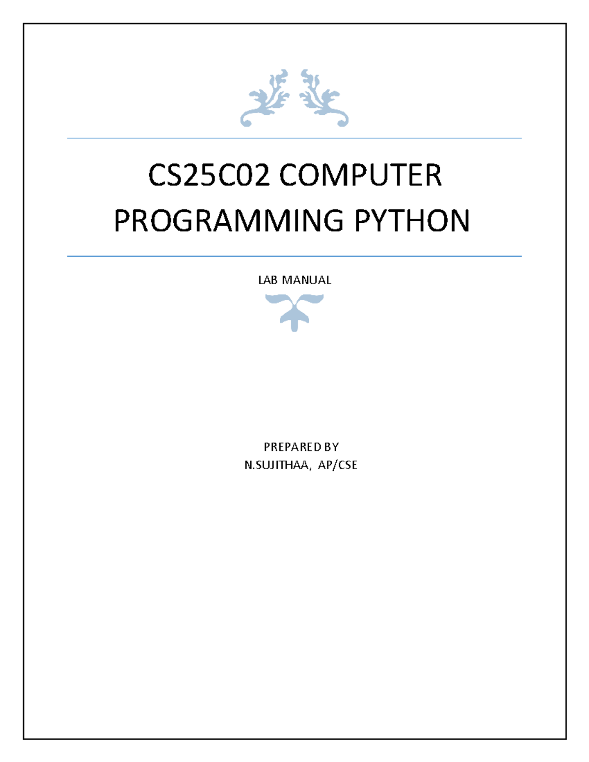 CS25C02 COMPUTER PROGRAMMING PYTHON LAB MANUAL - Studocu