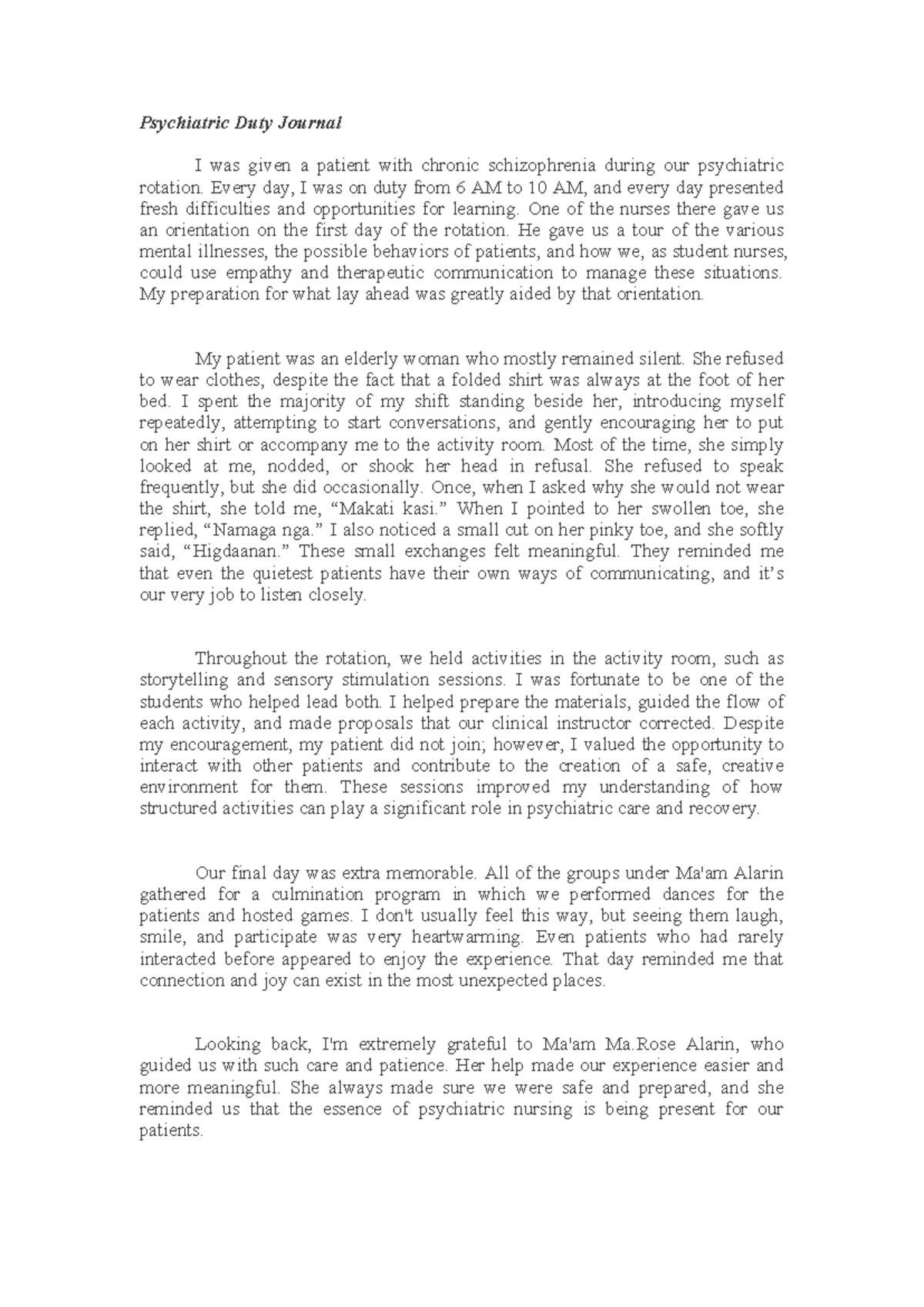 Psychiatric Duty Journal: Insights from My Rotation Experience - Studocu