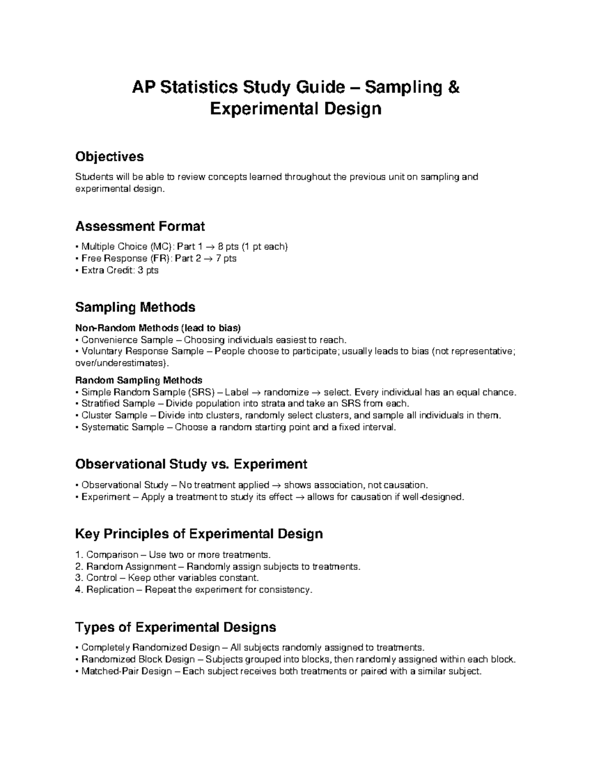AP Statistics Study Guide: Sampling & Experimental Design Review - Studocu