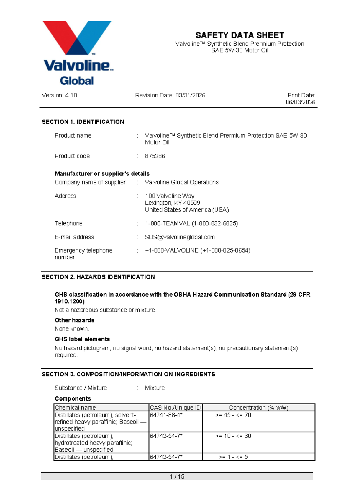 SAFETY DATA SHEET: VAL Premium Protection 5W30 Motor Oil (875286) - Studocu