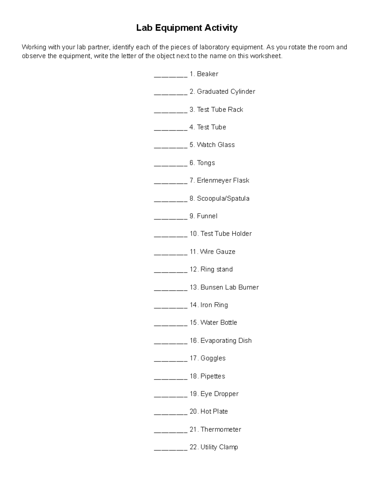 Lab Equipment Identification Activity for Science Class - Studocu