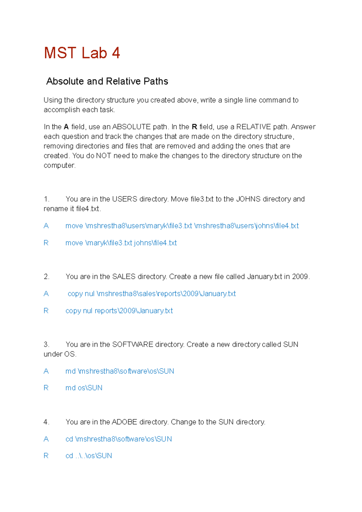 MST100 Lab 4: Absolute vs. Relative Path Commands Guide - Studocu