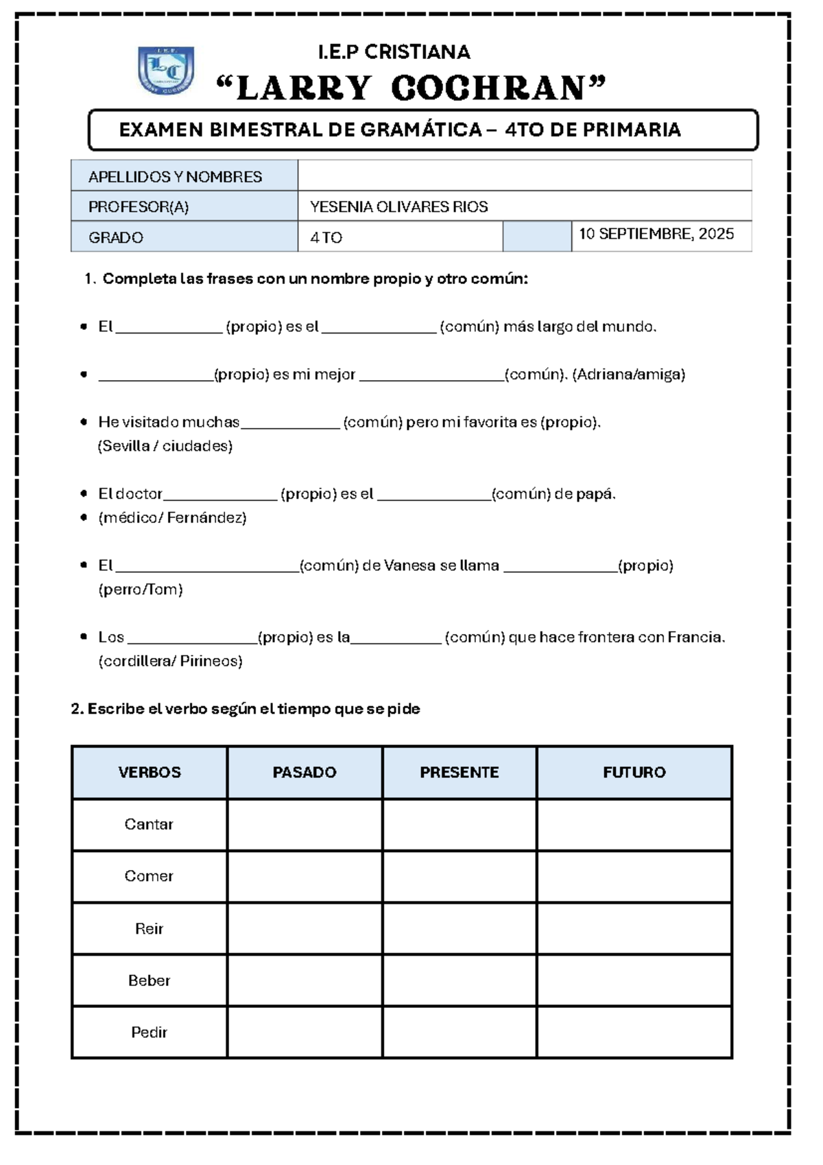Gramatica 4TO - Examen Bimestral de Lengua 2025 - Studocu