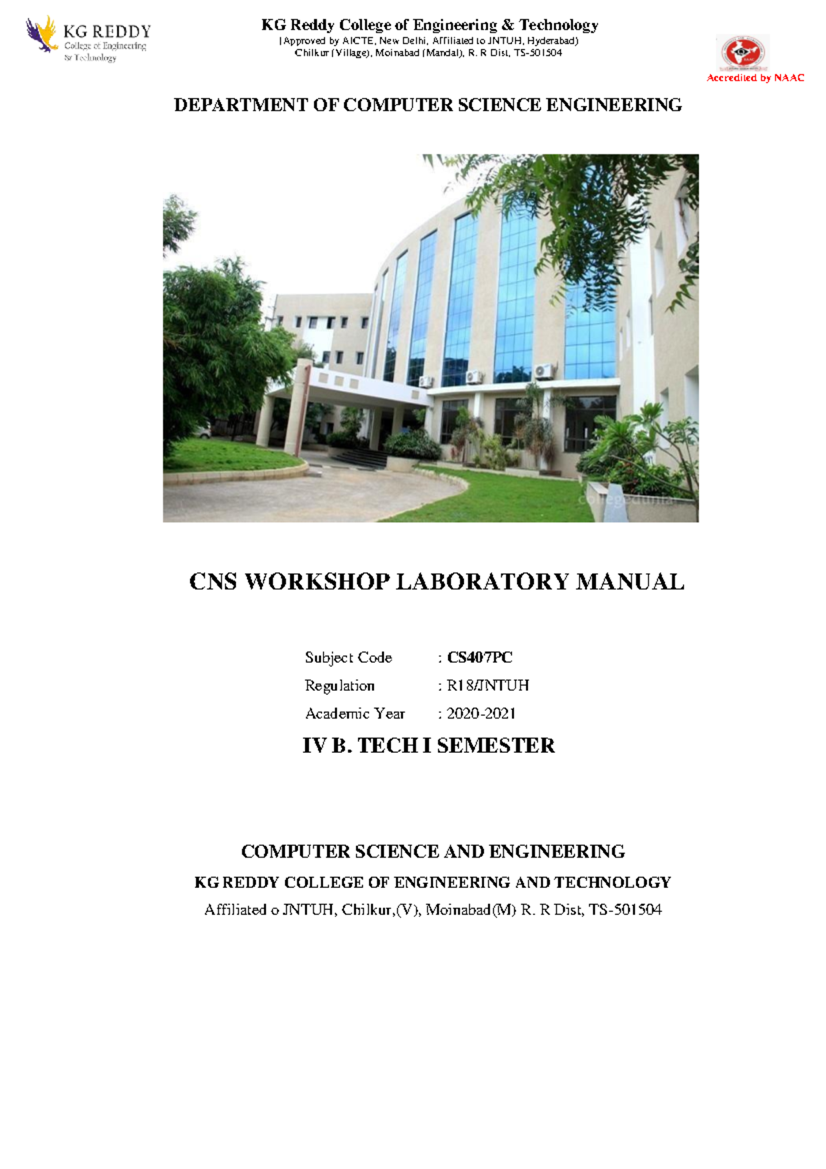 CNS Workshop Laboratory Manual - CS407PC - B.Tech IV Sem - Studocu
