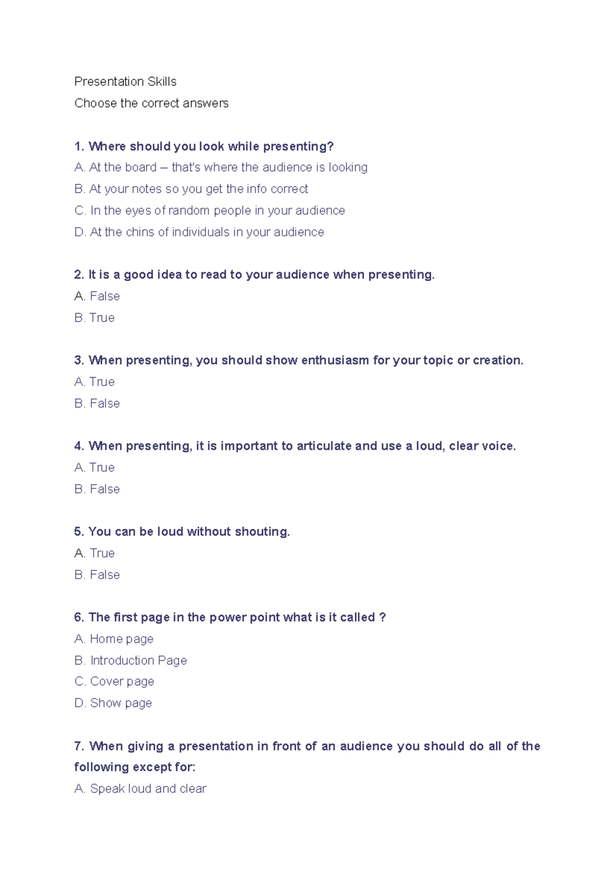 Presentation Skills Practice Quiz for Effective Communication - Studocu