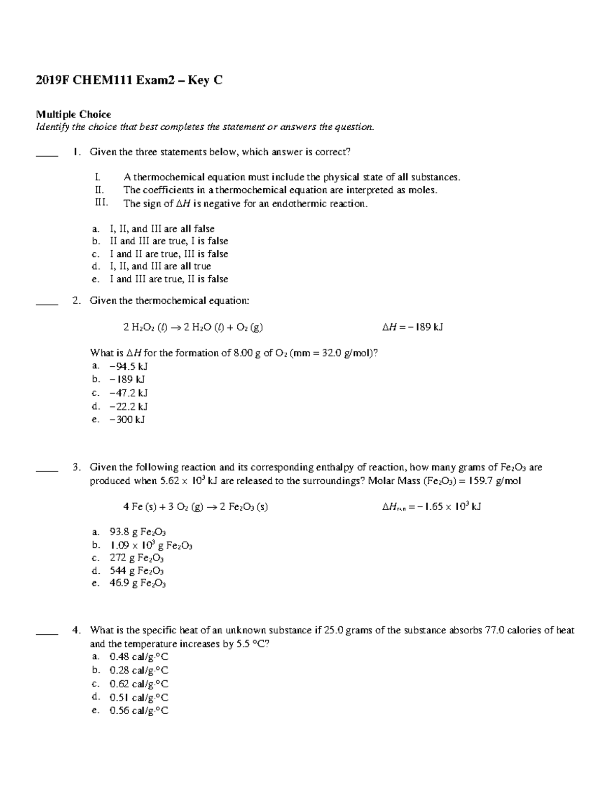 Exam 2C - Exam 2C - 2019F CHEM111 Exam2 – Key C Multiple Choice ...