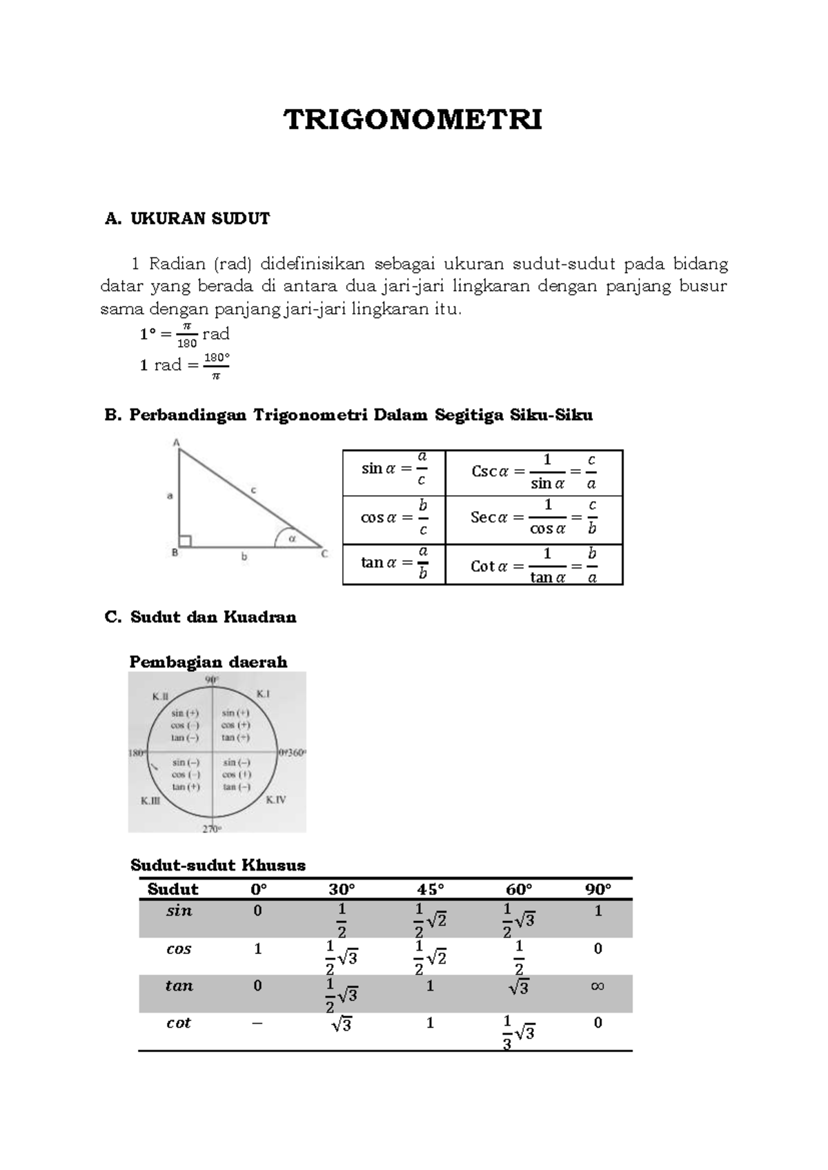 TRIGONOMETRI: UKURAN SUDUT & RUMUS PENTING (MATH 6) - Studocu
