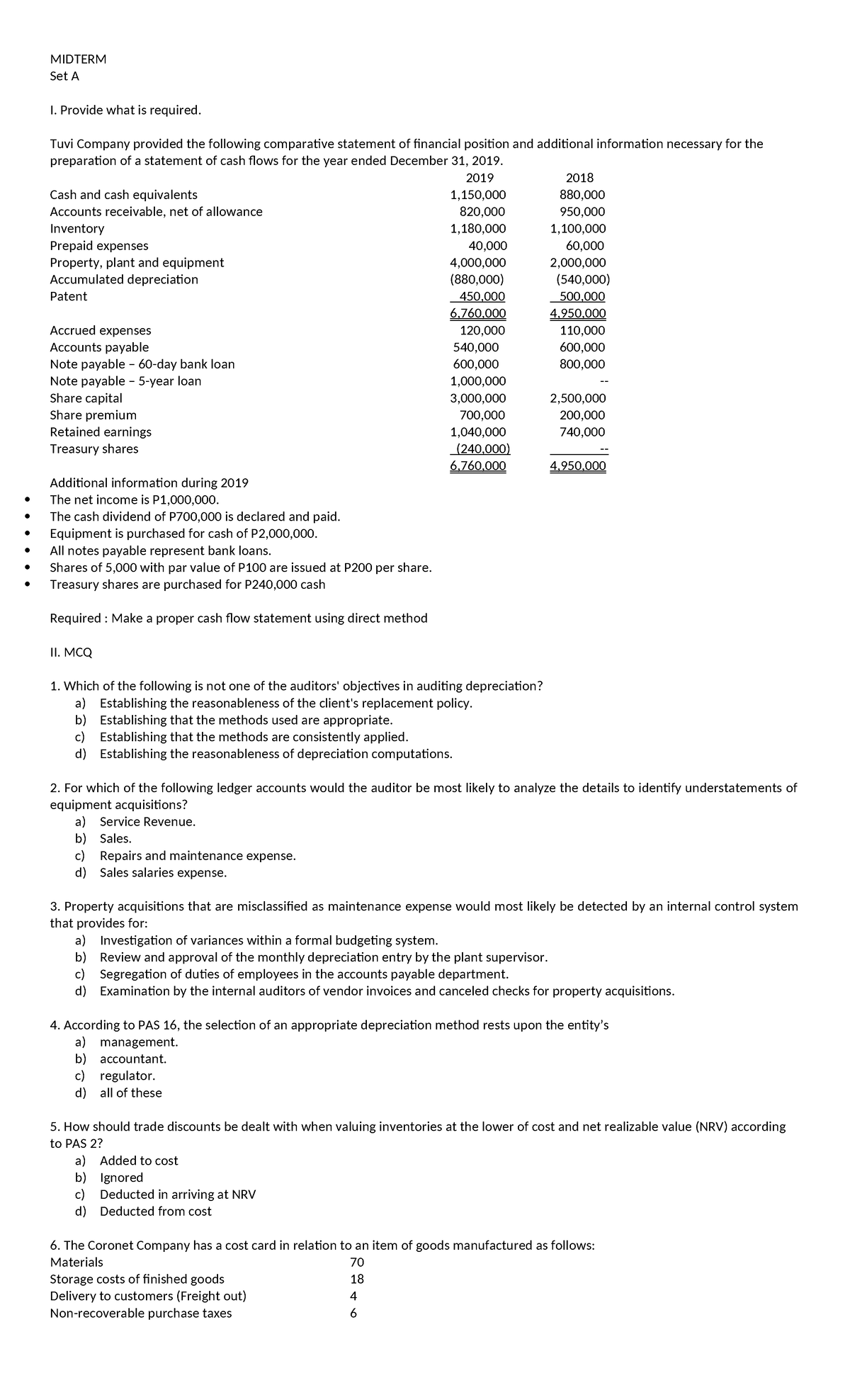 Midterm 2nd Yr Financial Position & Cash Flow Statement Analysis - Studocu
