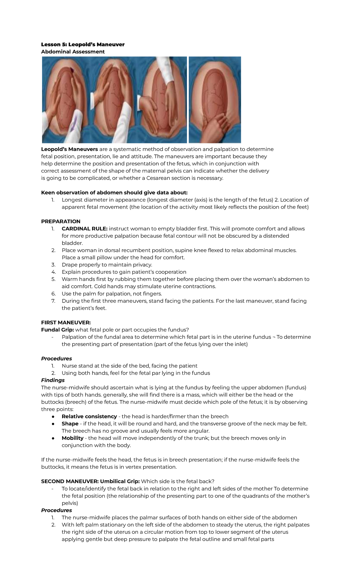 Lesson 5: Leopold's Maneuver for Abdominal Assessment - Studocu