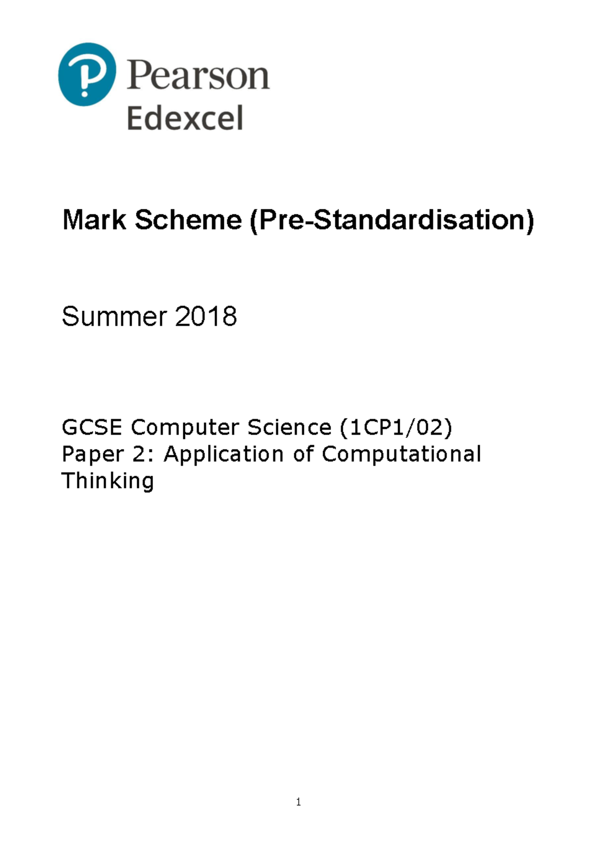 Mark Scheme: Edexcel GCSE Computer Science 1CP1 Summer 2018 Paper 2 ...