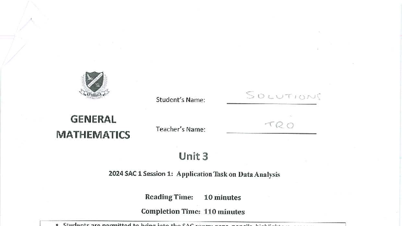 2024 3/4 General Maths SAC 1 Solutions: Data Analysis Application Tasks ...