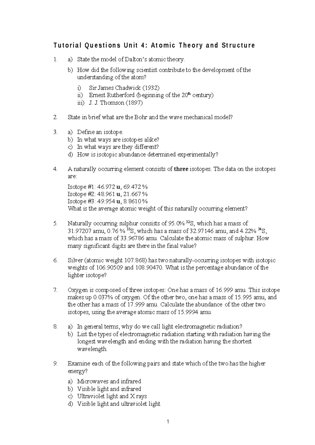 Unit 4 Tutorial questions - T u t o r i a l Q u e s t i o n s U n i t 4 ...