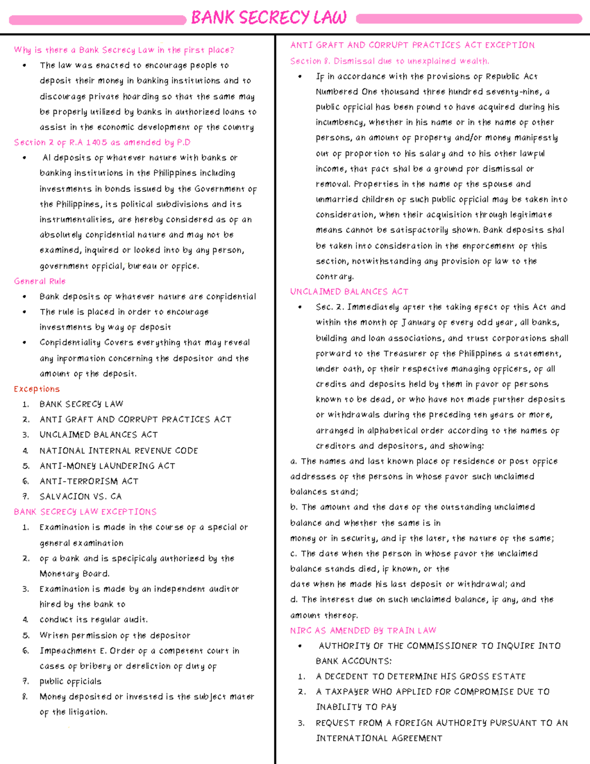 RFLI - Final Exam Notes on Bank Secrecy Law and Related Regulations ...