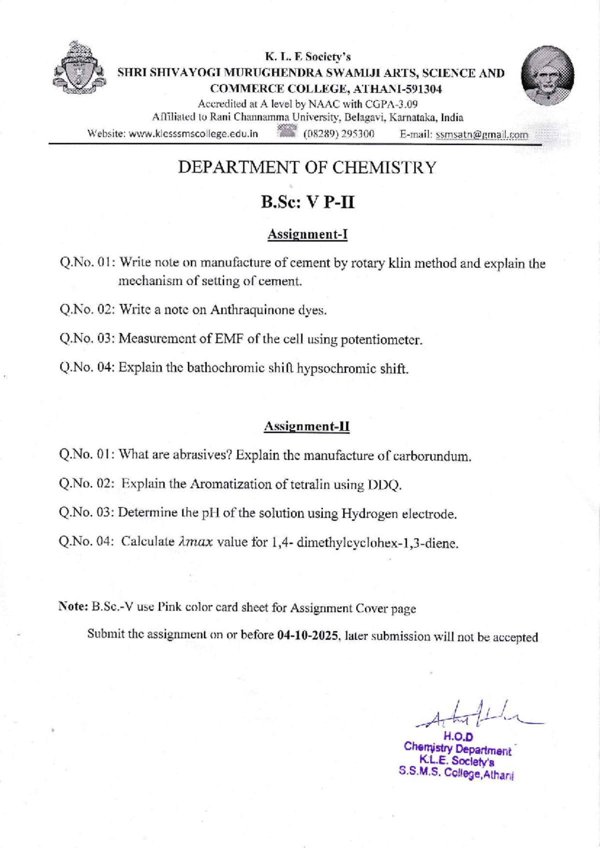 Chemistry P II Assignment: Cement, Dyes, and EMF Measurements - Studocu