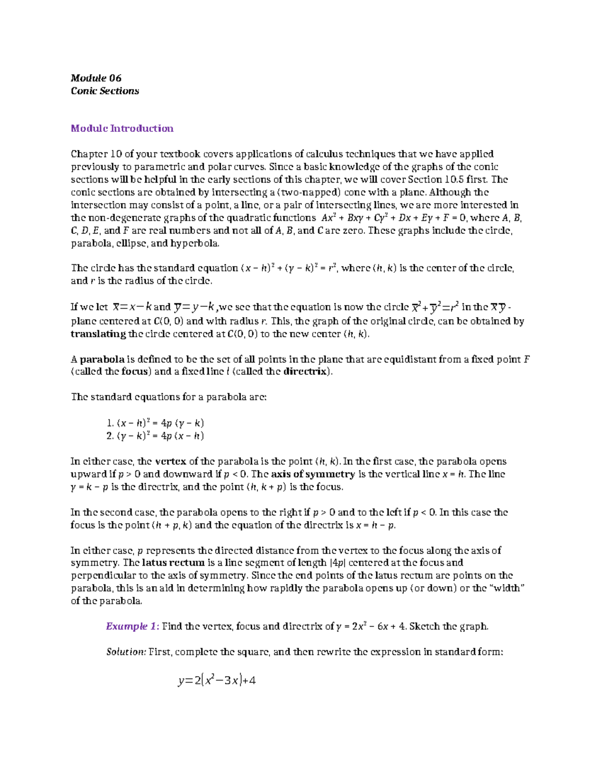 Module 06: Lecture on Conic Sections and Their Applications - Studocu