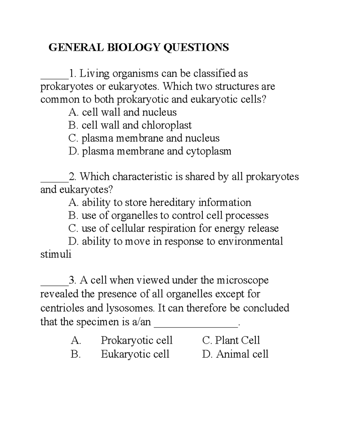 BIO 101: General Biology Questions and Answers - Studocu