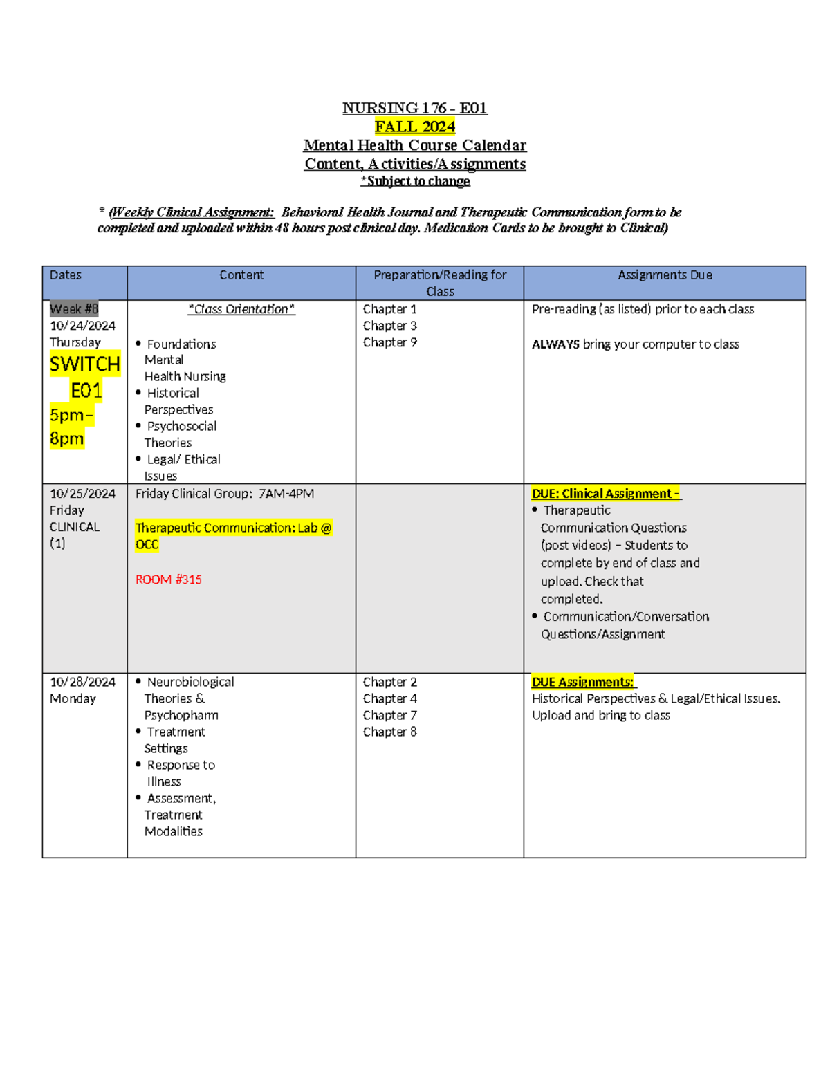 Calendar - MH FALL 2024 E01 - Student - NURSING 176 - E FALL 2024 ...