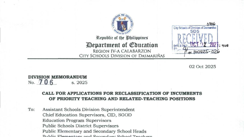 Division Memorandum No. 706: Call for Teacher Reclassification ...