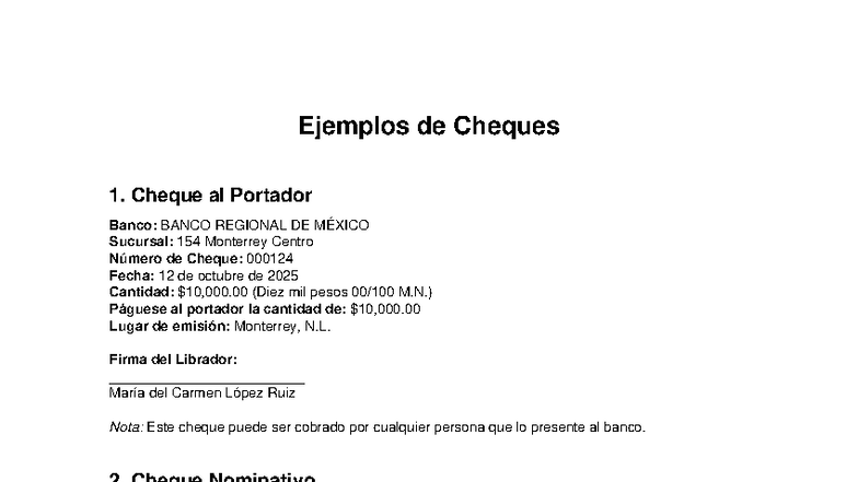 Ejemplos Cheques - Ejemplos de Cheques 1. Cheque al Portador Banco ...