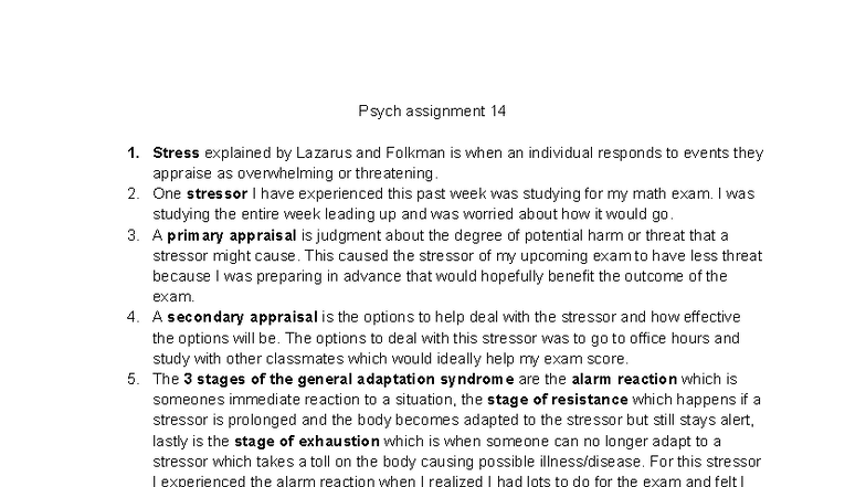 Psych Assignment 14: Understanding Stress and Coping Strategies - Studocu