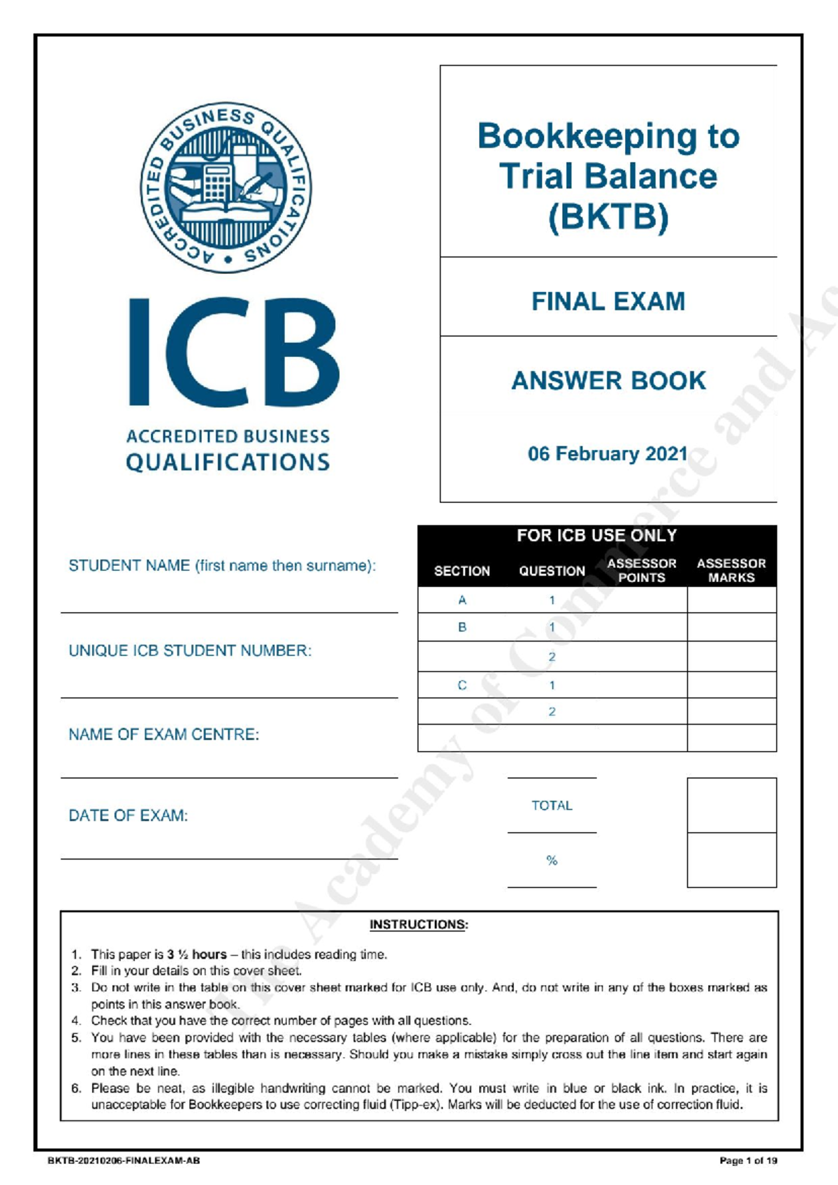 BKTB 2018 Final Exam Answer Book for Bookkeeping to Trial Balance - Studocu