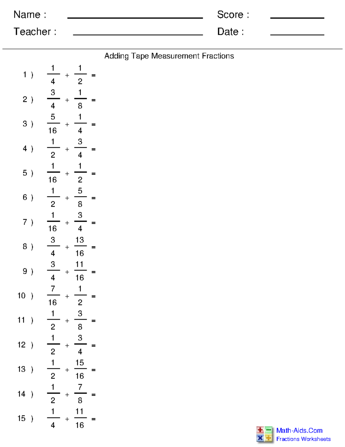 Tape Measurement Fractions Worksheets for Today - Studocu