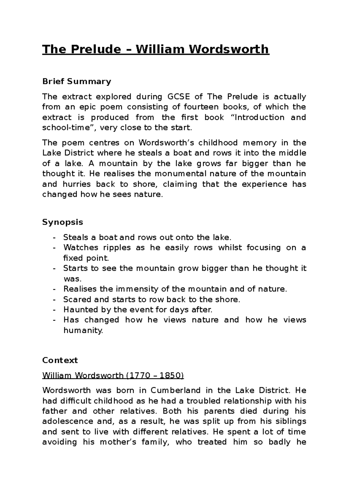 GCSE Poem Analysis: The Prelude Notes on Wordsworth's Epic - Studocu
