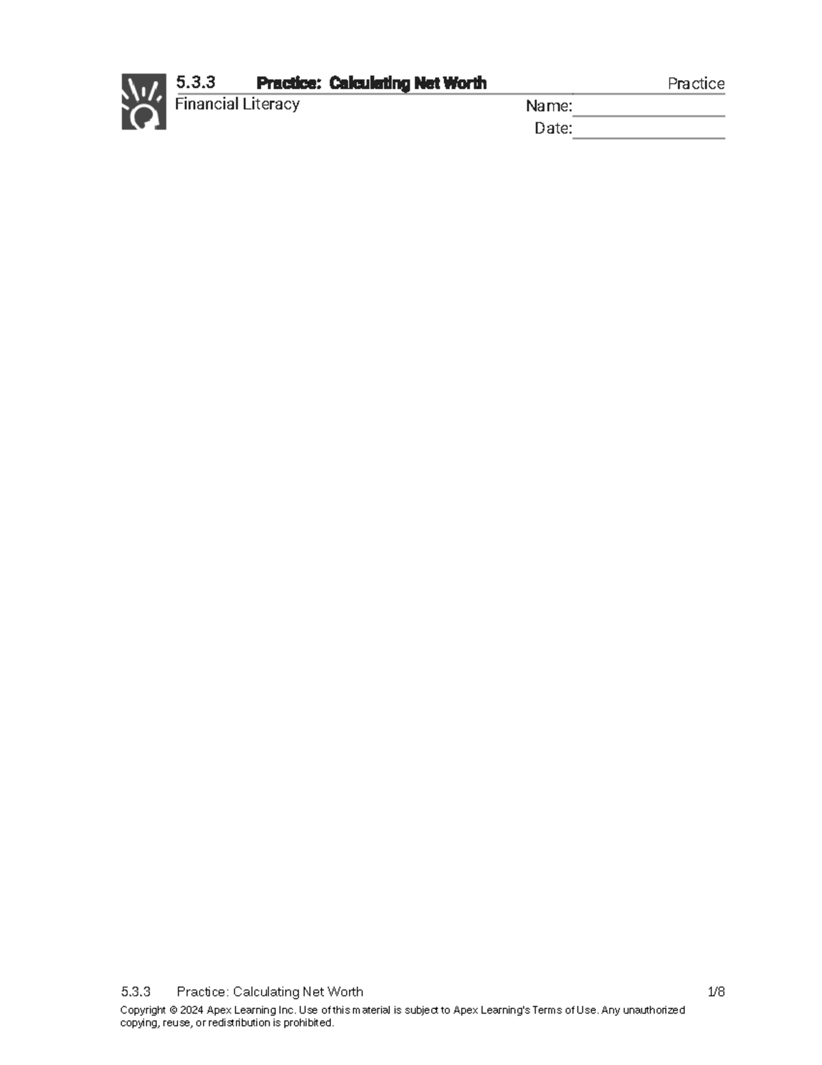 5.3.3 Practice - Net Worth Calculation Assignment (Financial Literacy ...