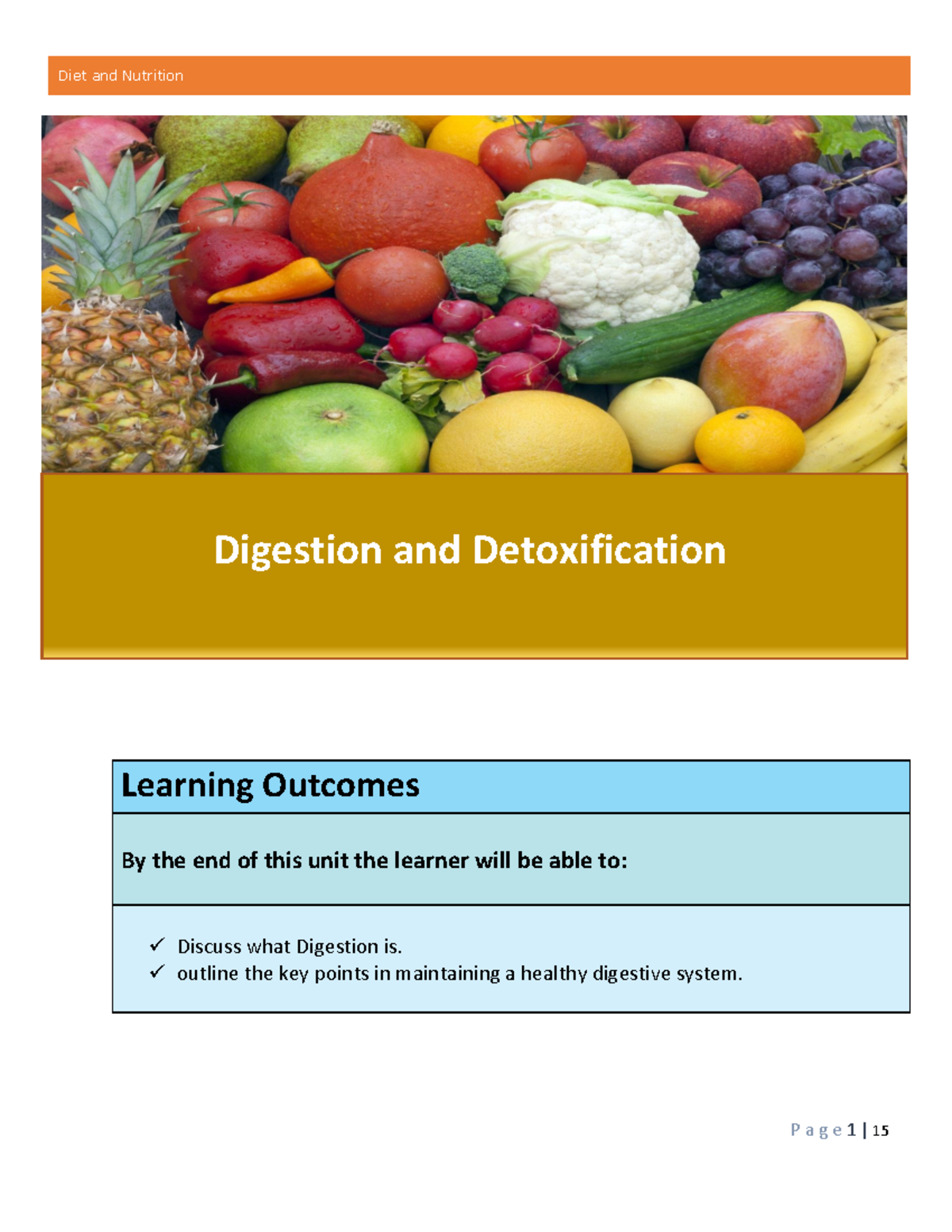 Diet and Nutrition: Learning Outcomes on Digestion & Detoxification ...