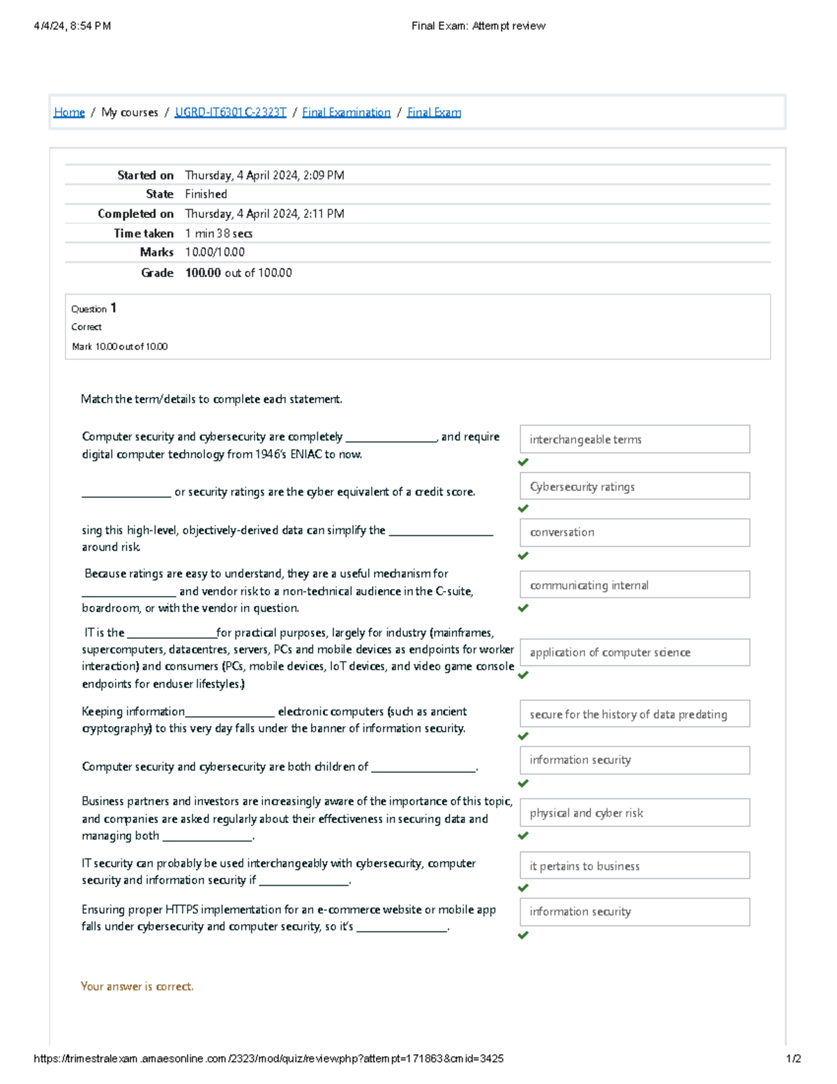 Final Exam Attempt review - 4/4/24, 8:54 PM Final Exam: Attempt review ...