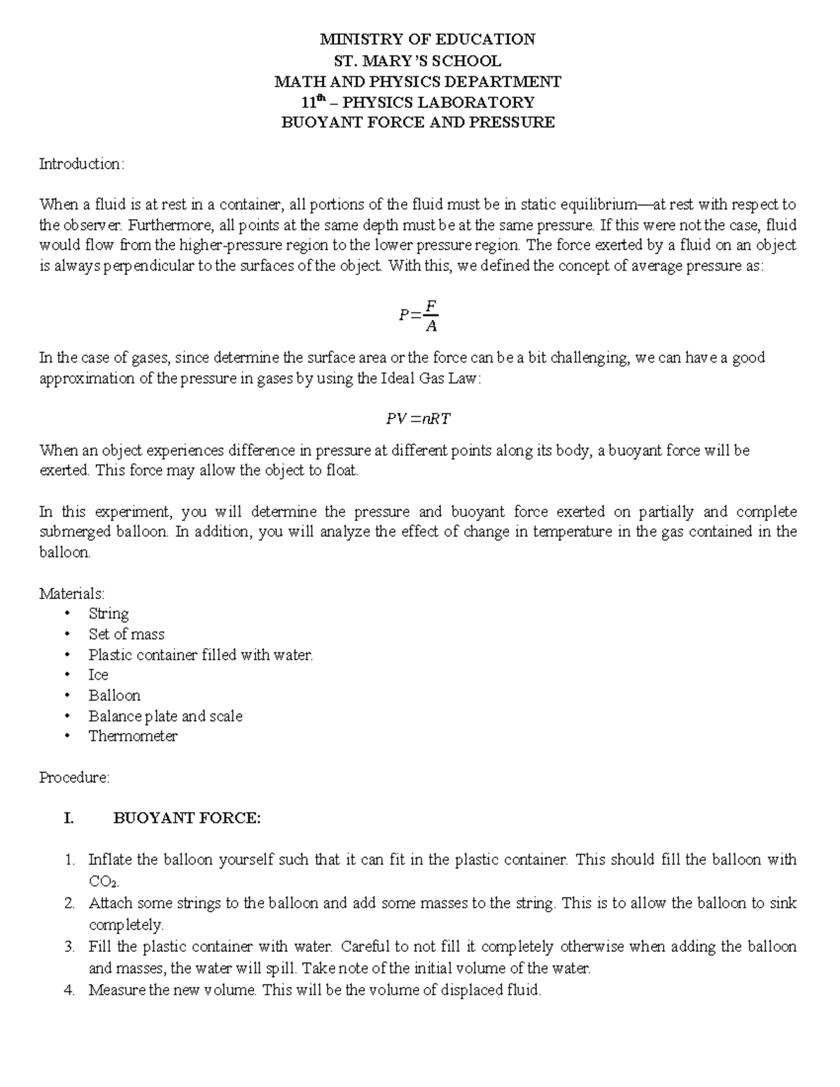 11th Physics Lab Report: Buoyant Force & Pressure Analysis - Studocu