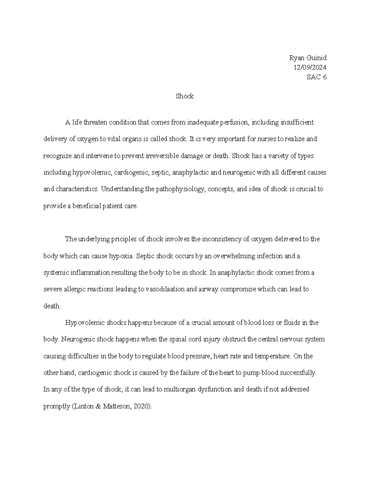 Shock Paper - Ryan Guinid - Ryan Guinid 12/09/ SAC 6 Shock A life ...