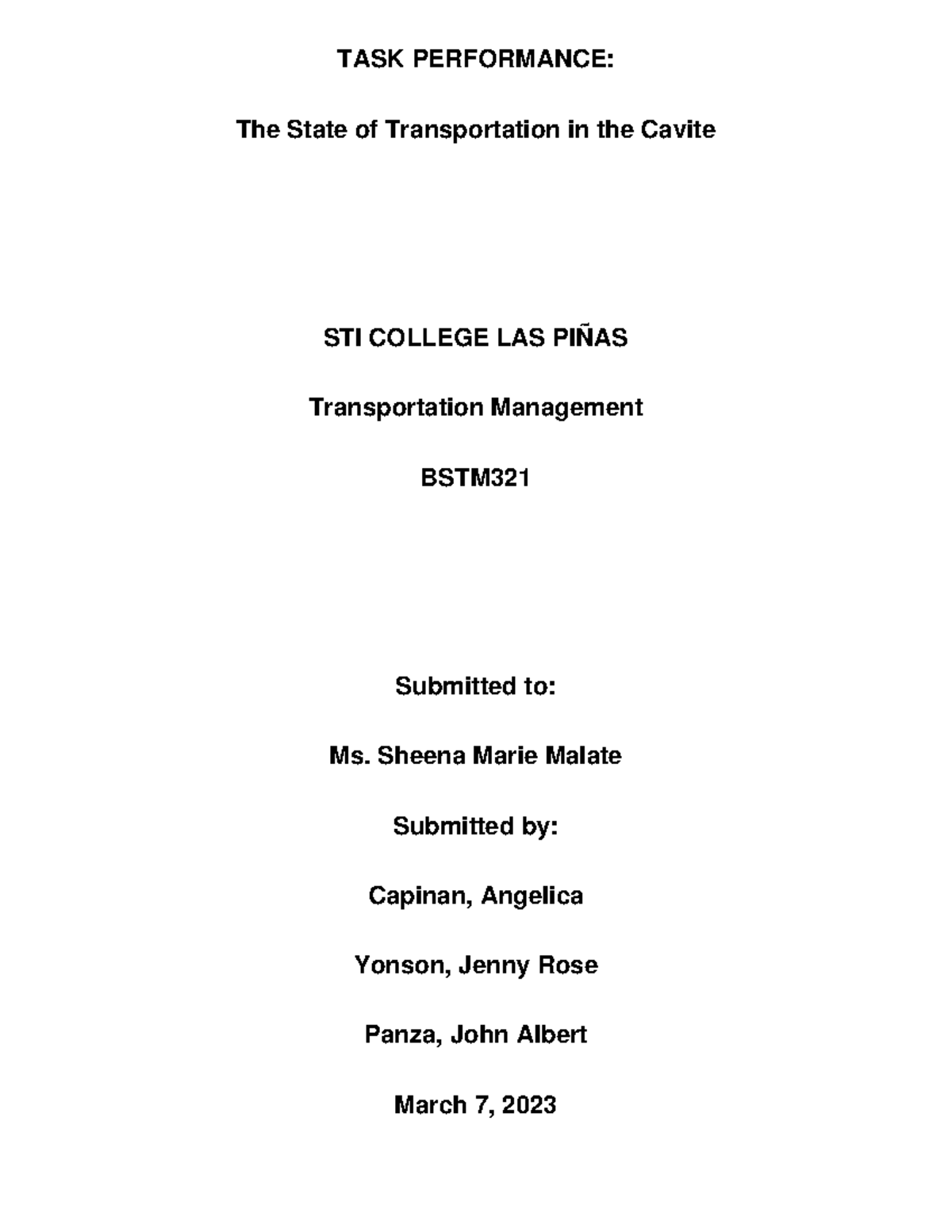 Group 12 TP 321 - Transportation Management in Cavite State - Studocu