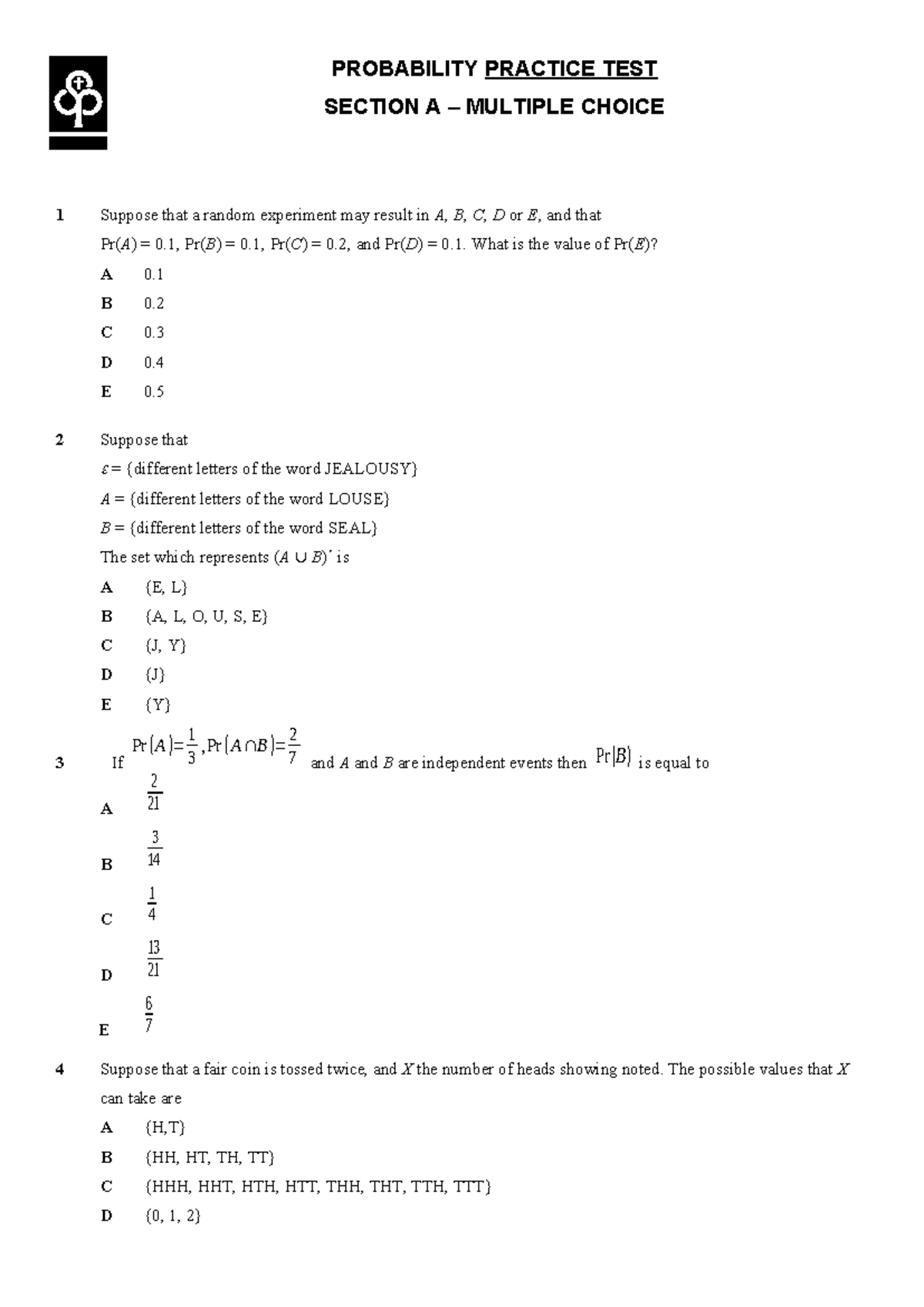 2016 Probability Practice Test (1) - Multiple Choice & Short Answer ...