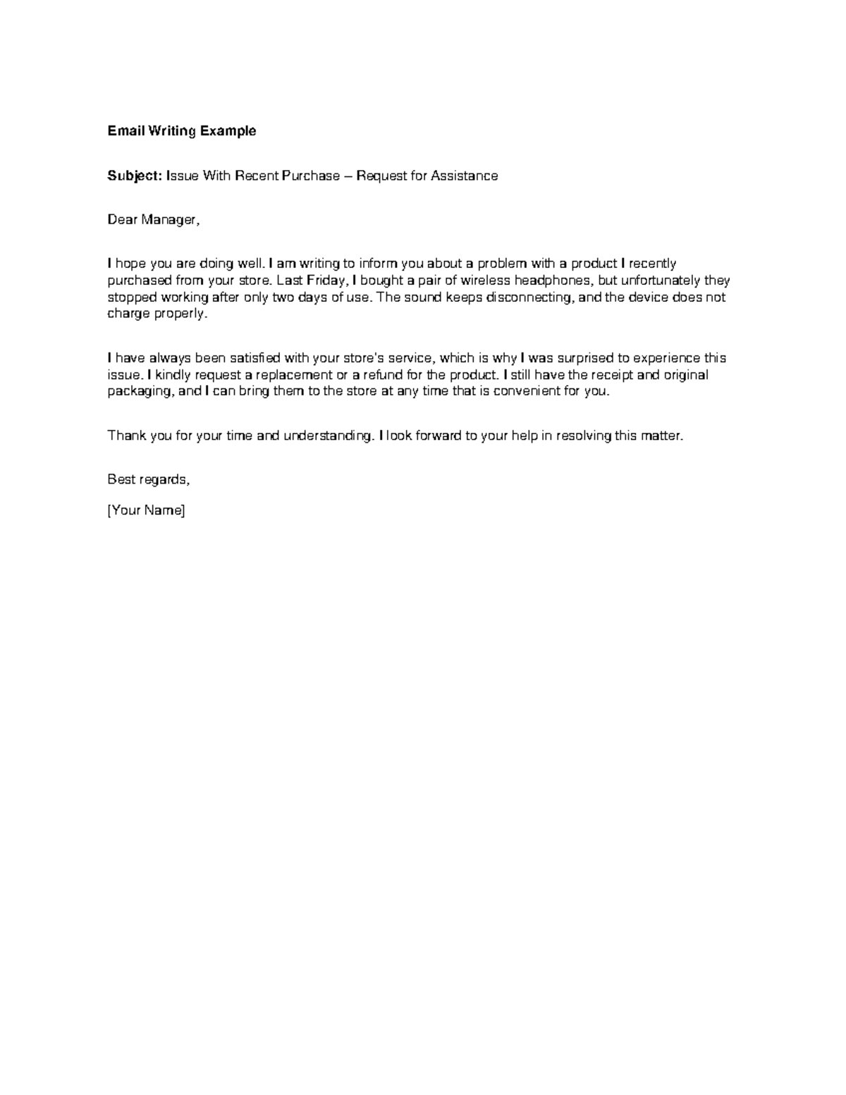 Email Writing Example: Request for Assistance with Purchase Issue - Studocu