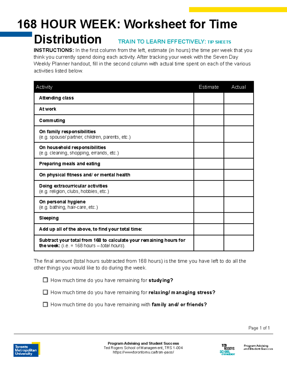 Trsmpass Tip Sheet 168-Hour-Week - 168 HOUR WEEK: Worksheet for Time ...