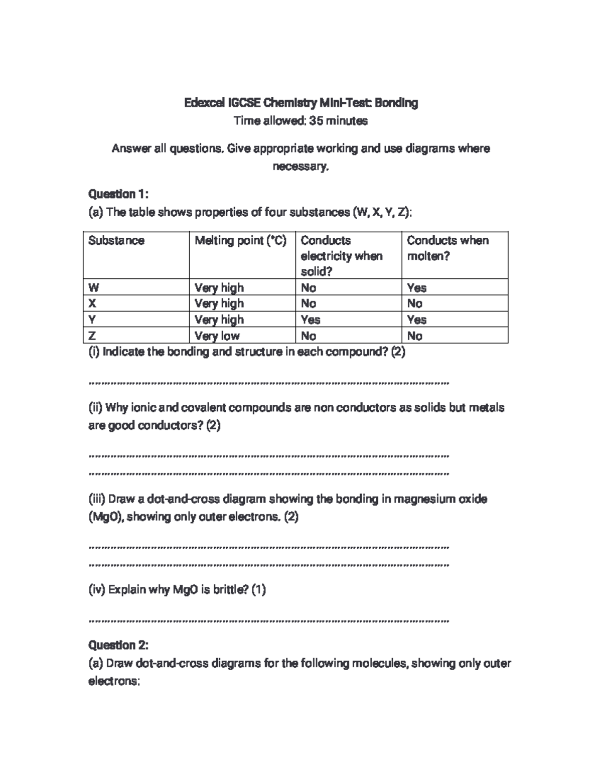 Edexcel IGCSE Chemistry Test: Bonding Concepts and Diagrams - Studocu