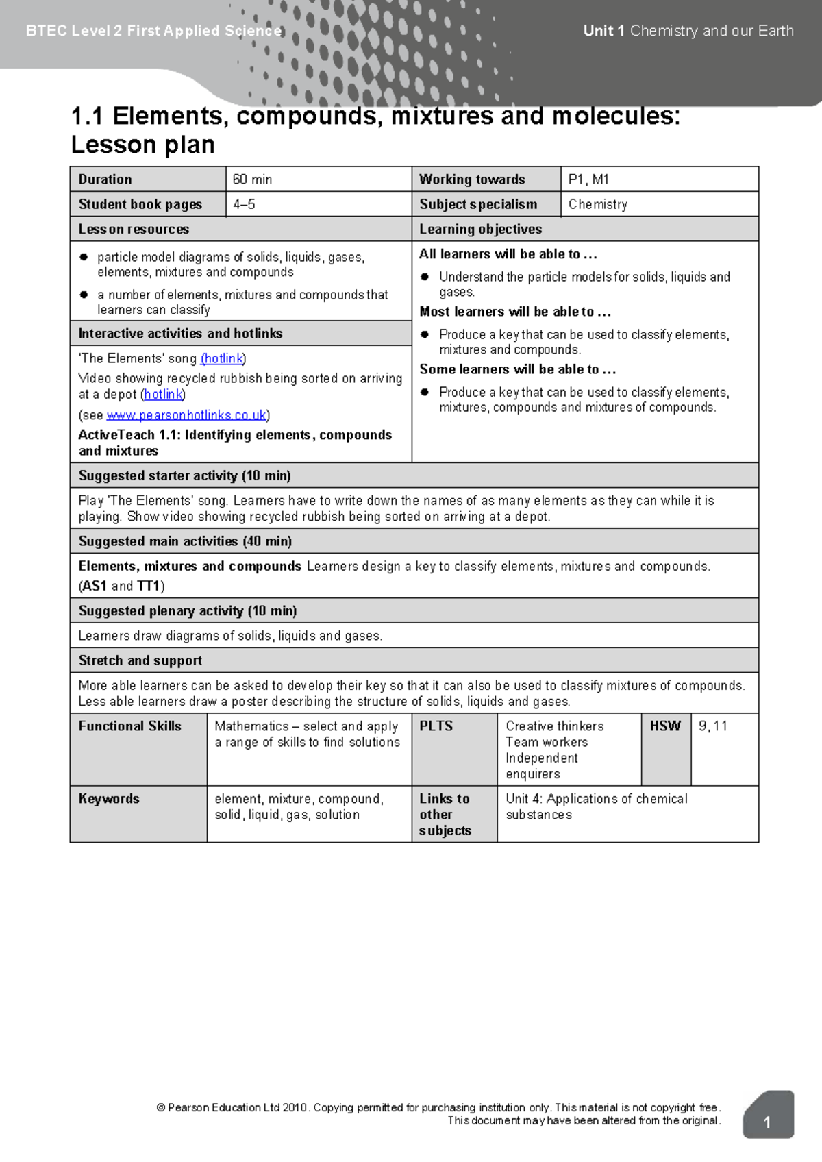 BTEC Level 2 Applied Science Unit 1: Chemistry Lesson Plan 1.1 - Studocu