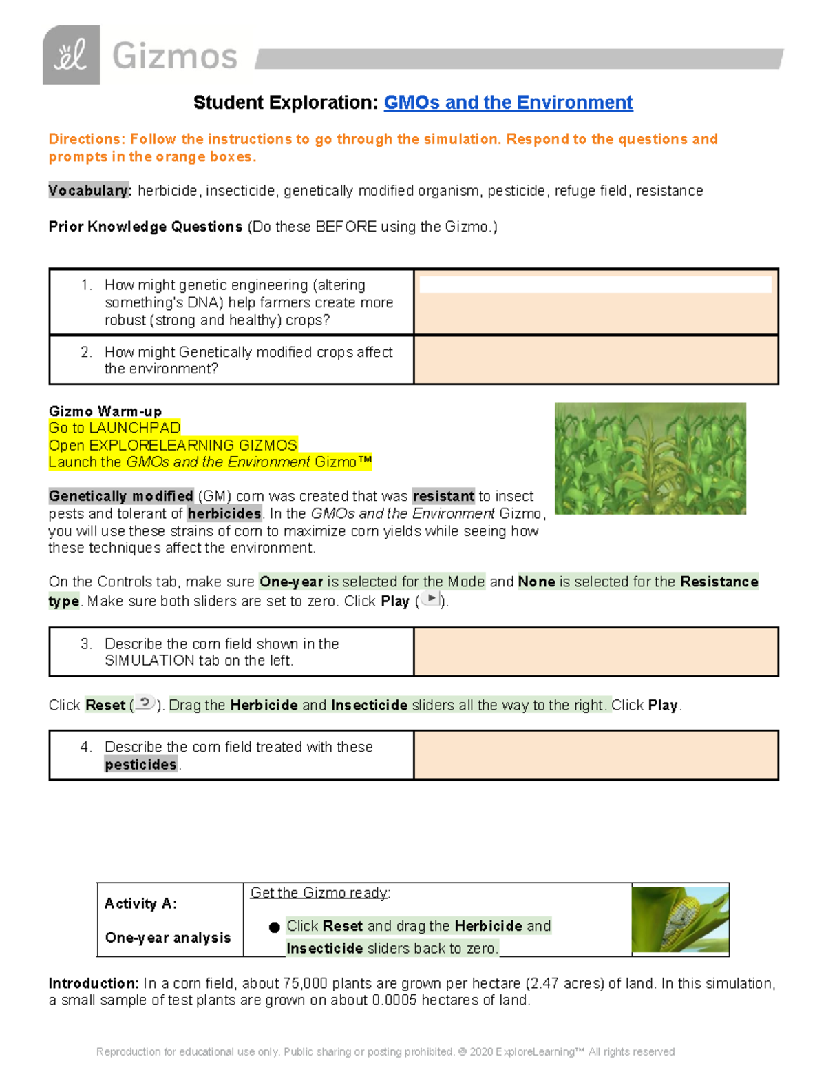 Student Copy of Enviro 4.2 - Lesson 1 - Student Exploration: GMOs and ...