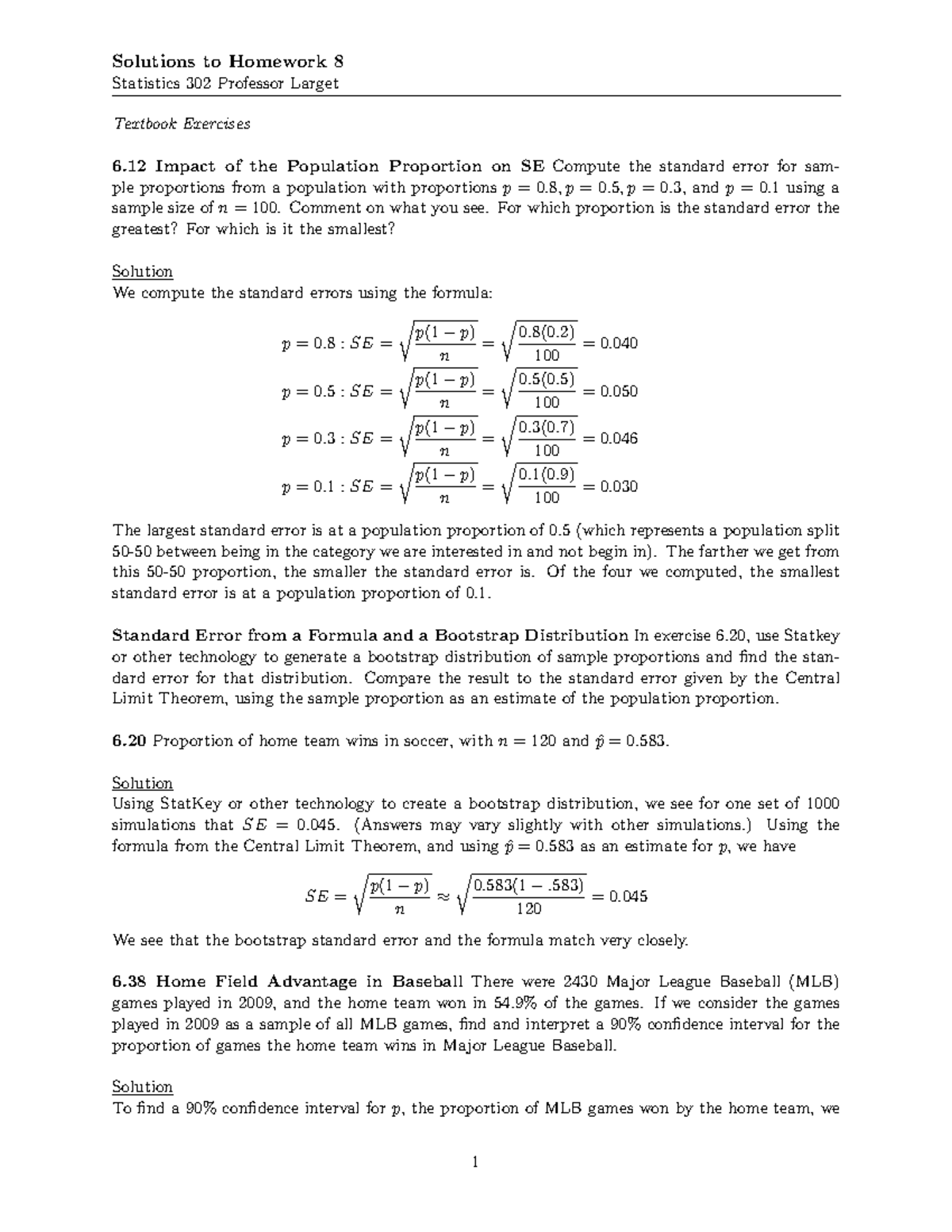Sol08 - practice material - Solutions to Homework 8 Statistics 302 ...