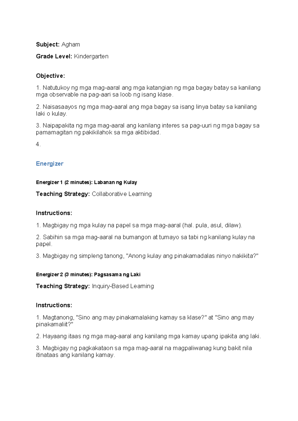 Lesson Plan: Agham para sa Kindergarten - Pagkilala sa mga Katangian ng ...